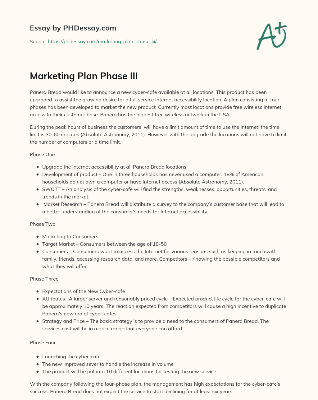 Marketing Plan Phase III (400 Words) - PHDessay.com