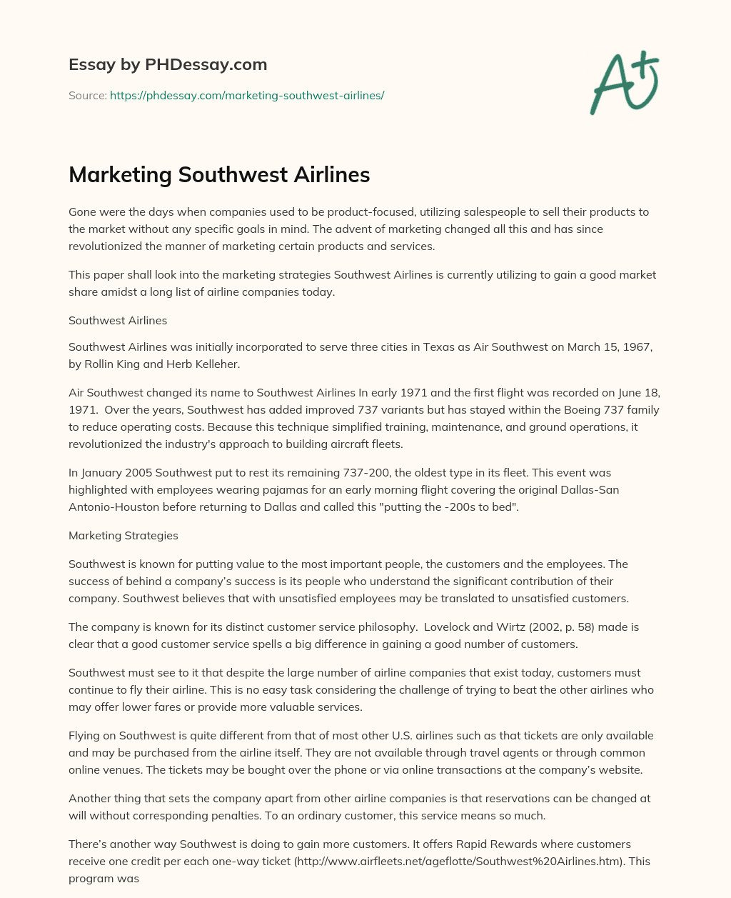 Marketing Southwest Airlines - PHDessay.com