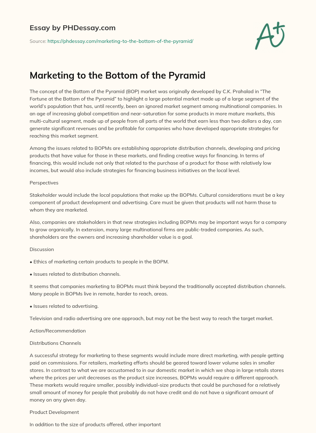 Marketing to the Bottom of the Pyramid (500 Words) - PHDessay.com