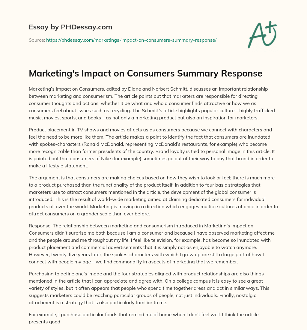 Marketing's Impact on Consumers Summary Response (500 Words) - PHDessay.com