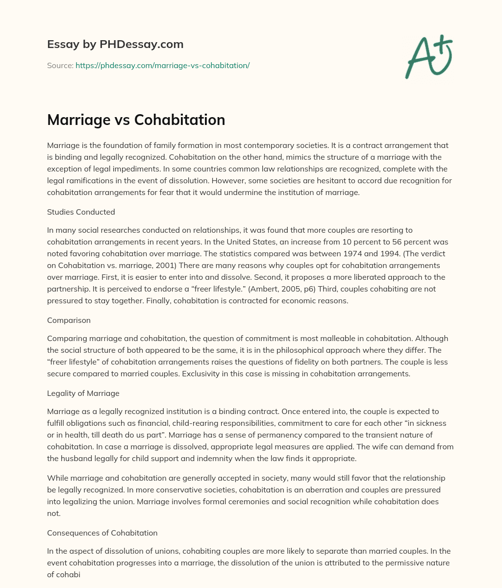 Marriage vs Cohabitation - PHDessay.com
