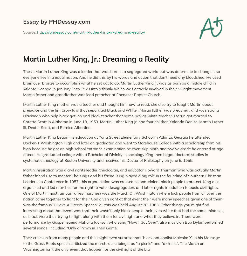 Martin Luther King, Jr.: Dreaming a Reality - PHDessay.com
