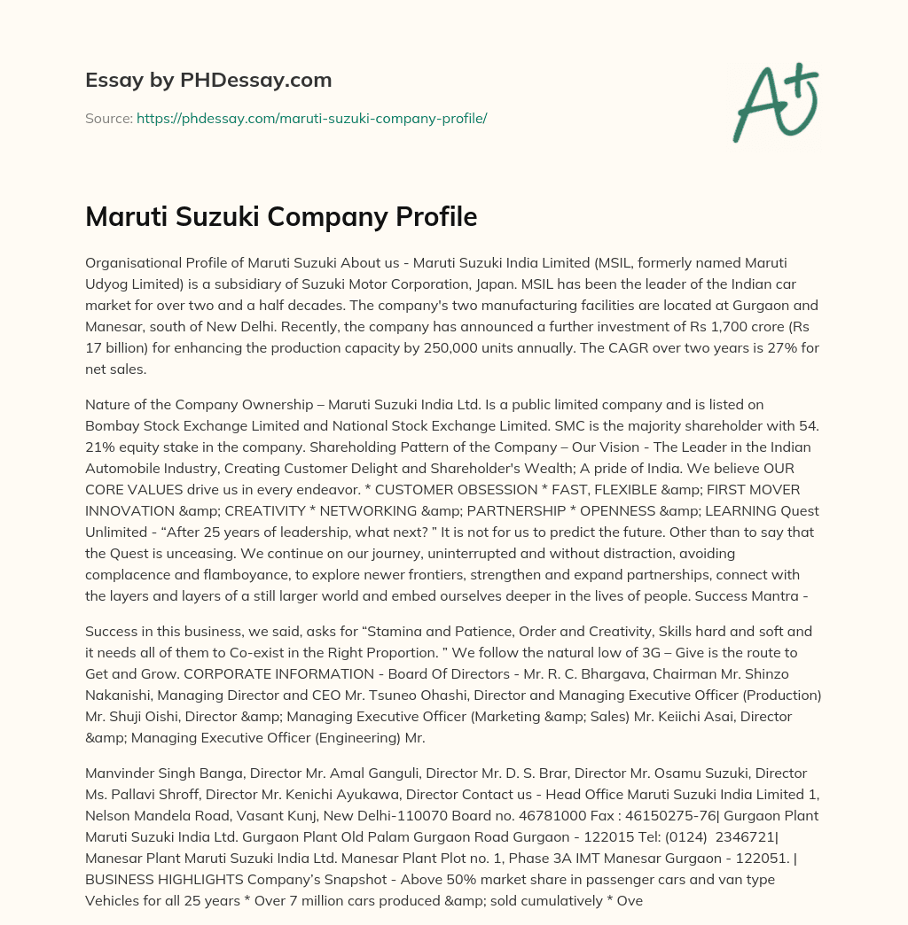 Maruti Suzuki Company Profile - PHDessay.com