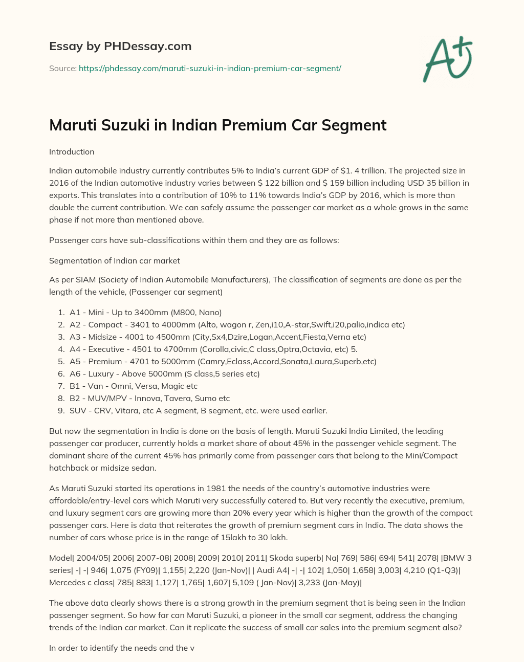 Maruti Suzuki in Indian Premium Car Segment - PHDessay.com