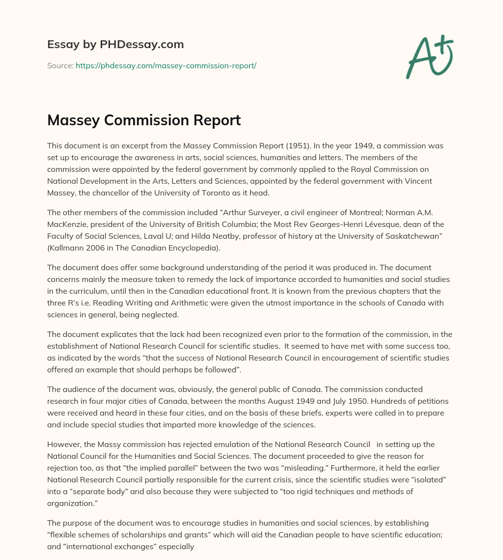 Massey Commission Report (600 Words) - PHDessay.com