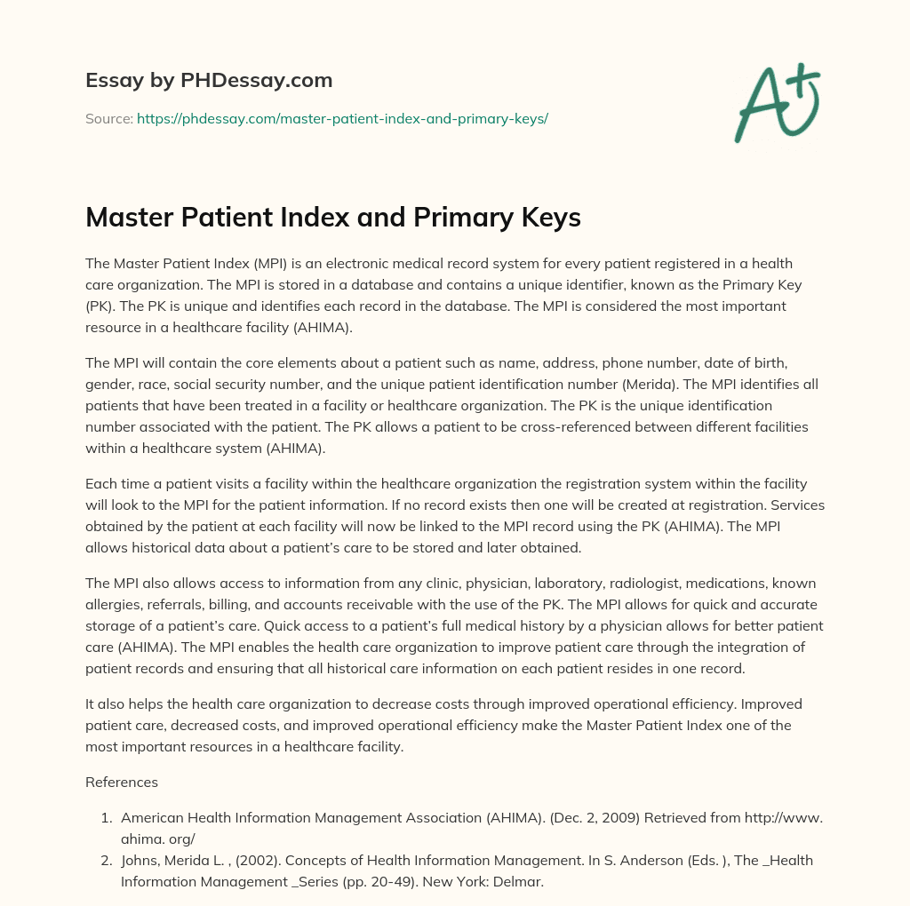 Master Patient Index and Primary Keys - PHDessay.com