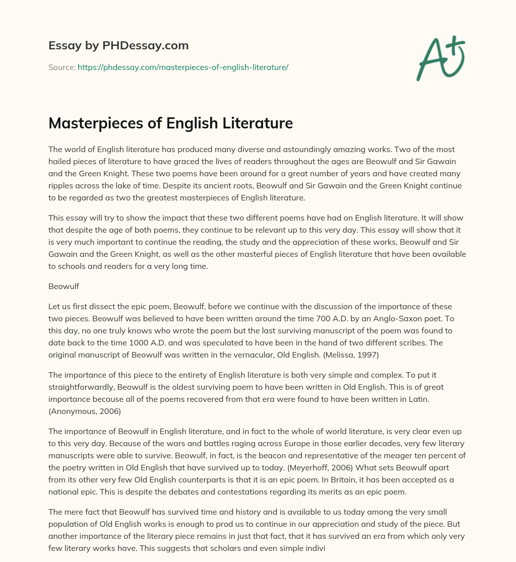 Masterpieces of English Literature - PHDessay.com
