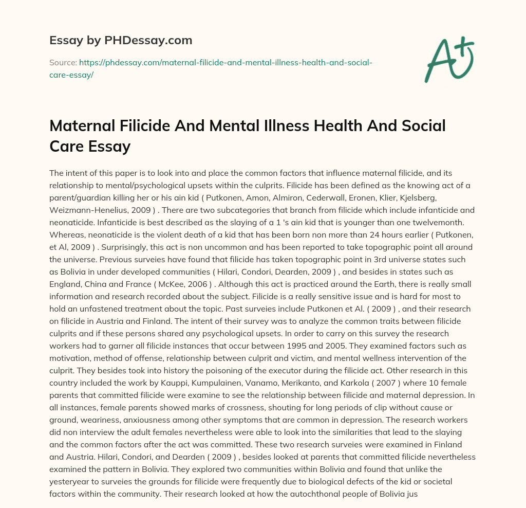 Maternal Filicide And Mental Illness Health And Social Care Essay ...