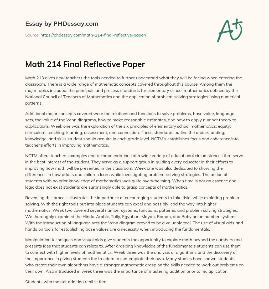 Math 214 Final Reflective Paper - PHDessay.com