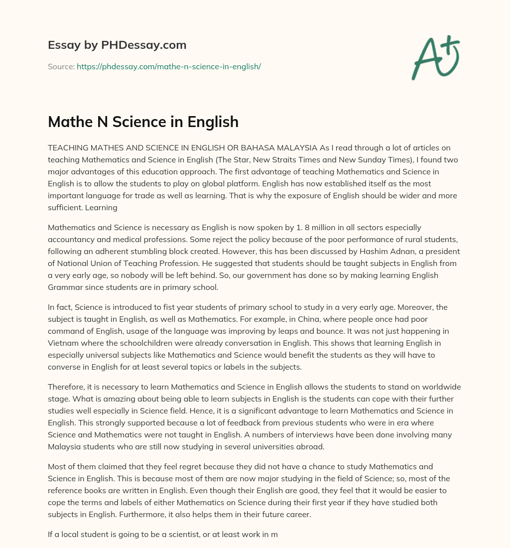 Mathe N Science in English (600 Words) - PHDessay.com