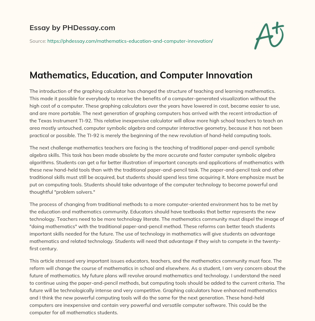 Mathematics, Education, and Computer Innovation (400 Words) - PHDessay.com
