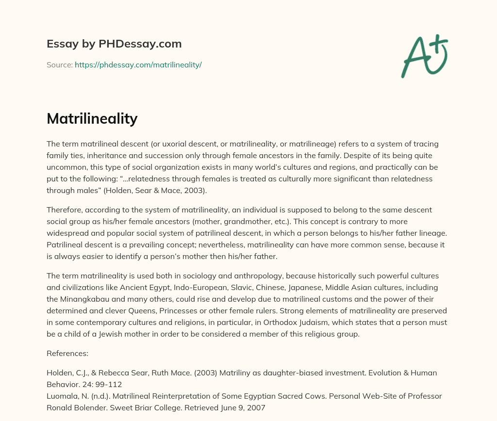 Matrilineality (300 Words) - PHDessay.com
