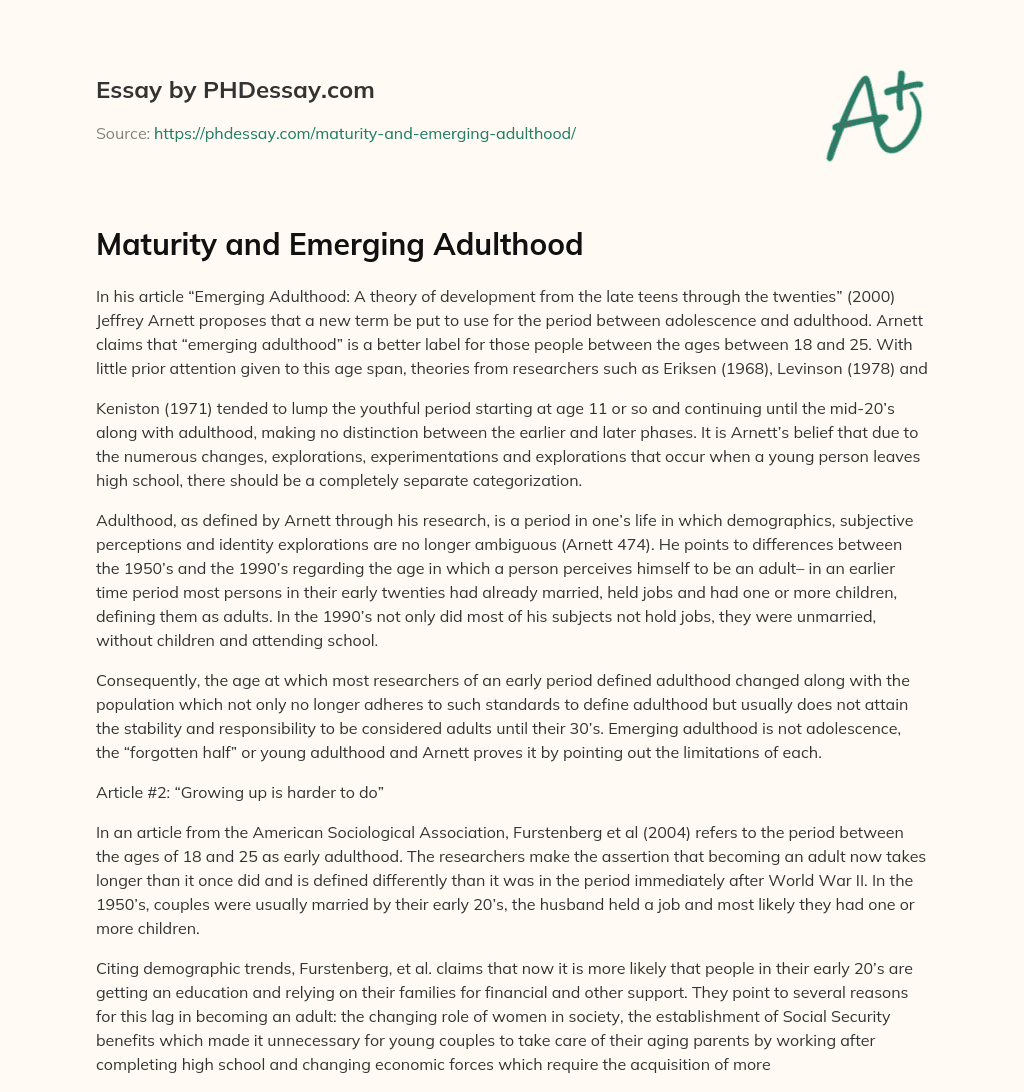 Maturity and Emerging Adulthood - PHDessay.com