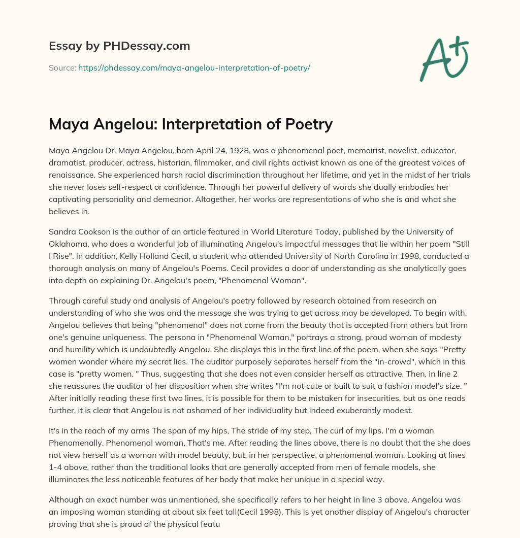 Maya Angelou: Interpretation of Poetry - PHDessay.com