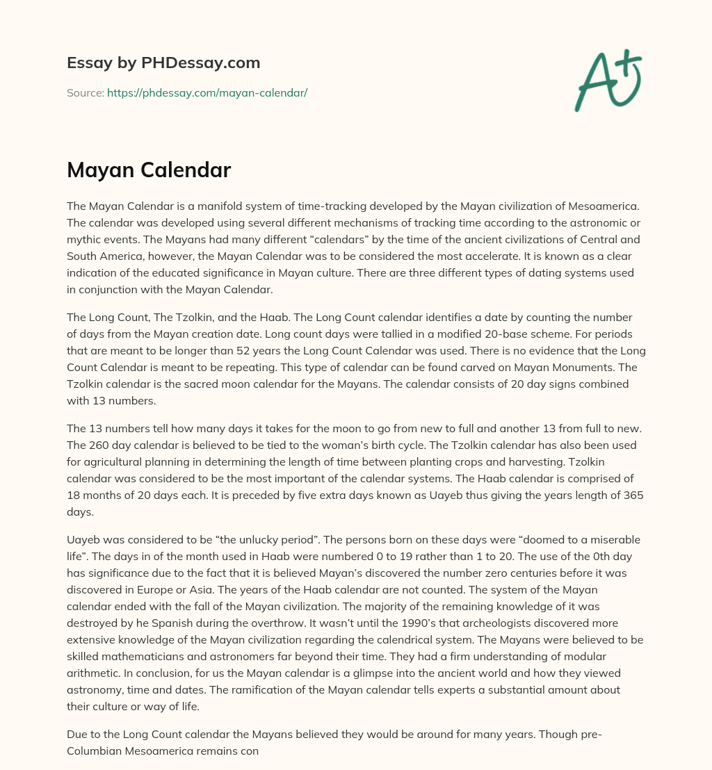 Mayan Calendar (600 Words) - PHDessay.com