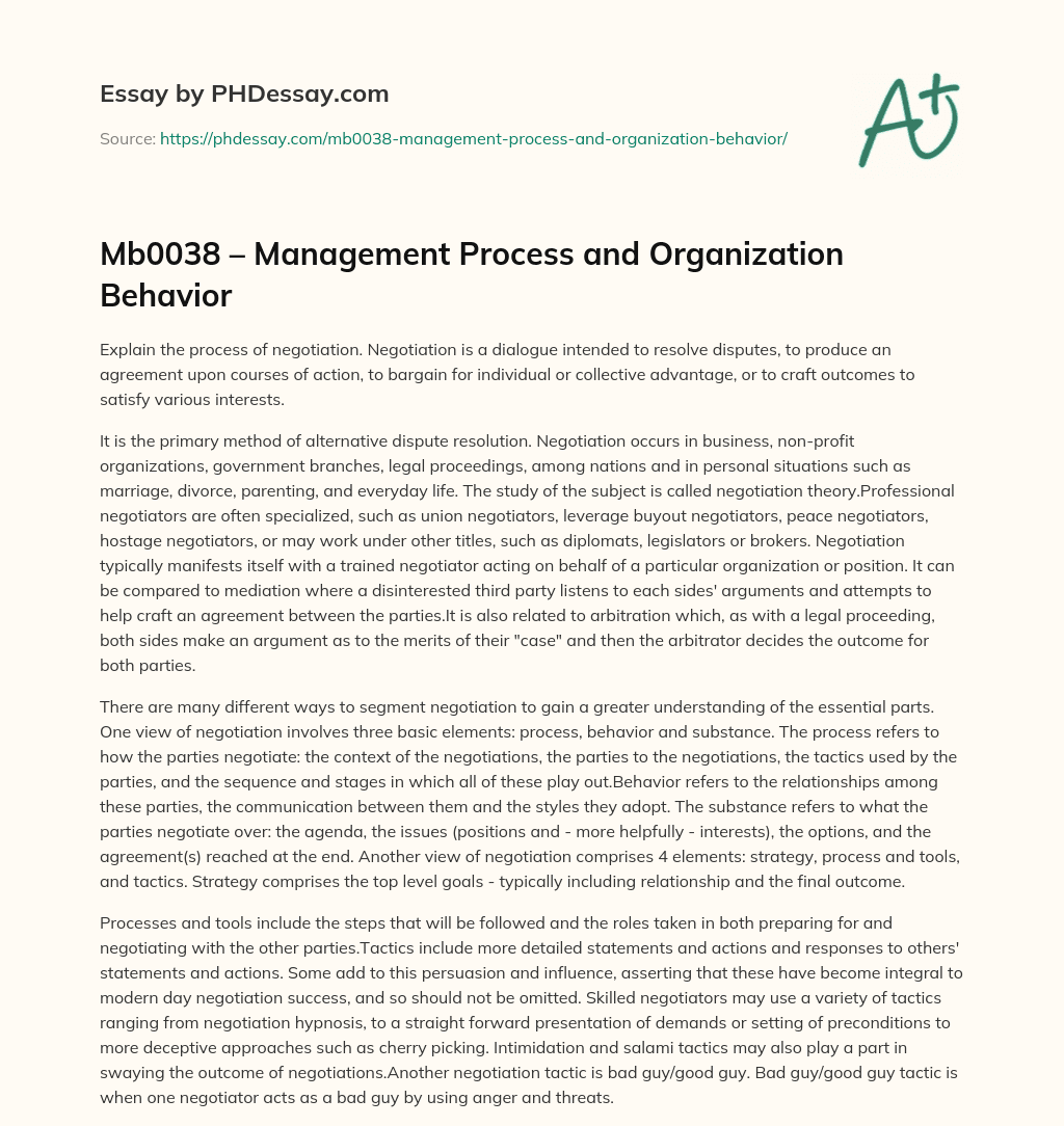 Mb0038 – Management Process and Organization Behavior - PHDessay.com