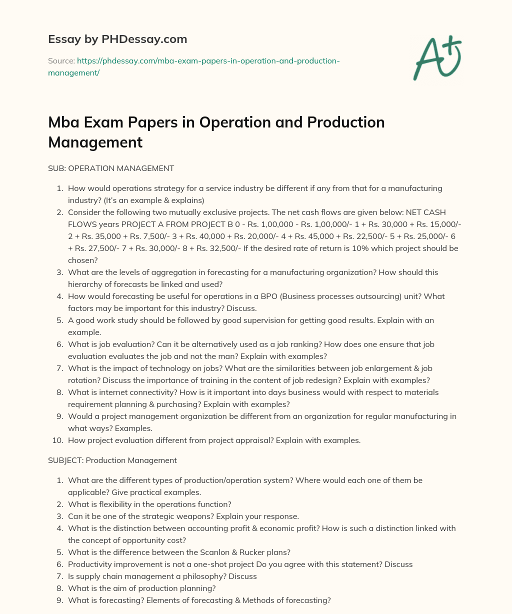 Mba Exam Papers in Operation and Production Management (400 Words ...