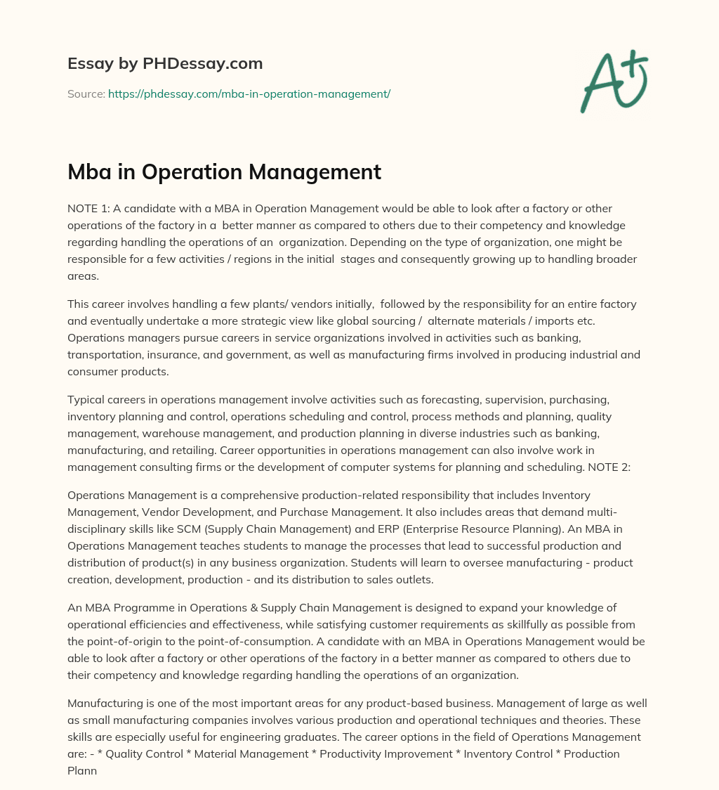 Mba in Operation Management (500 Words) - PHDessay.com