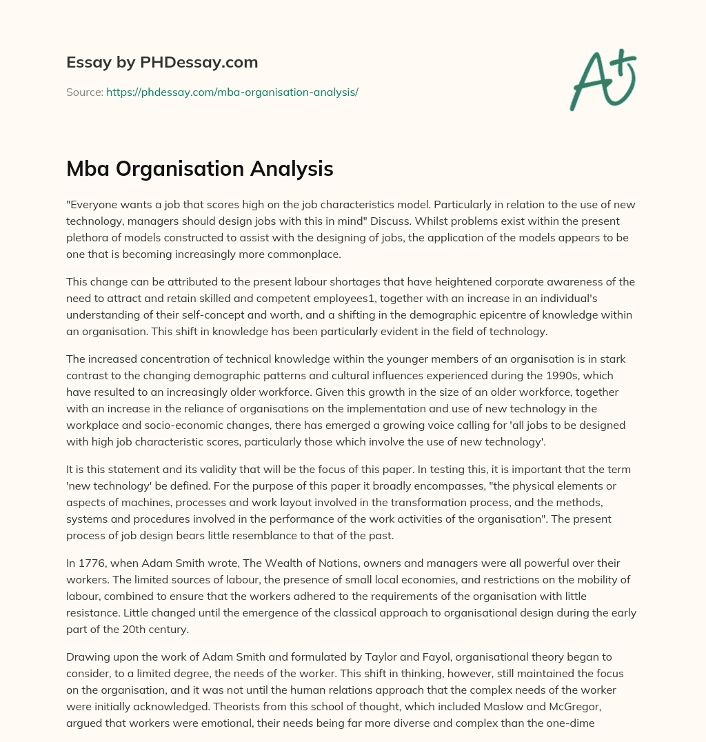 Mba Organisation Analysis - PHDessay.com