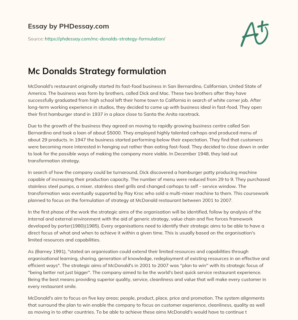 Mc Donalds Strategy formulation (500 Words) - PHDessay.com