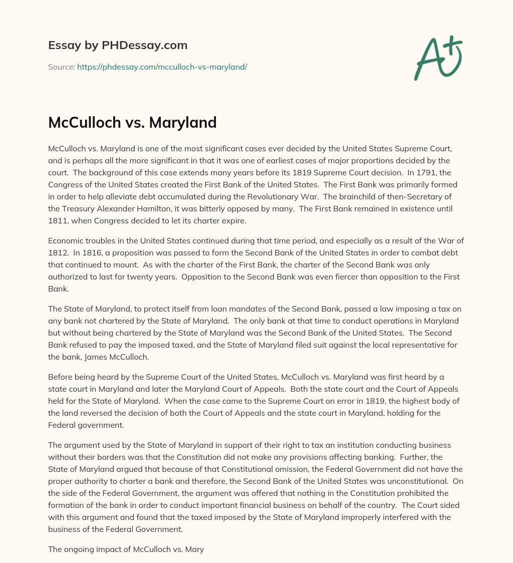 McCulloch vs. Maryland - PHDessay.com
