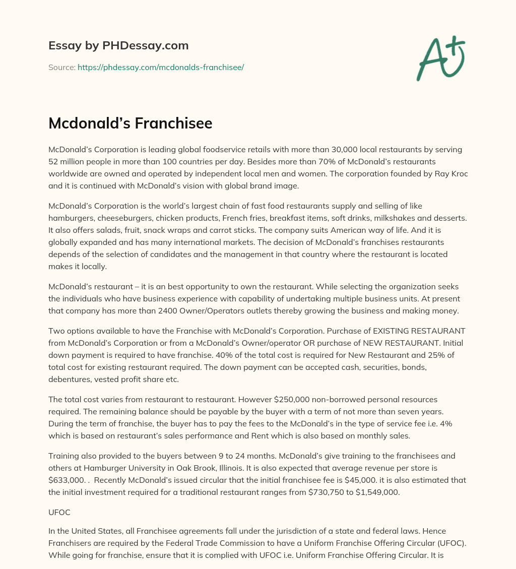 Mcdonald’s Franchisee - PHDessay.com