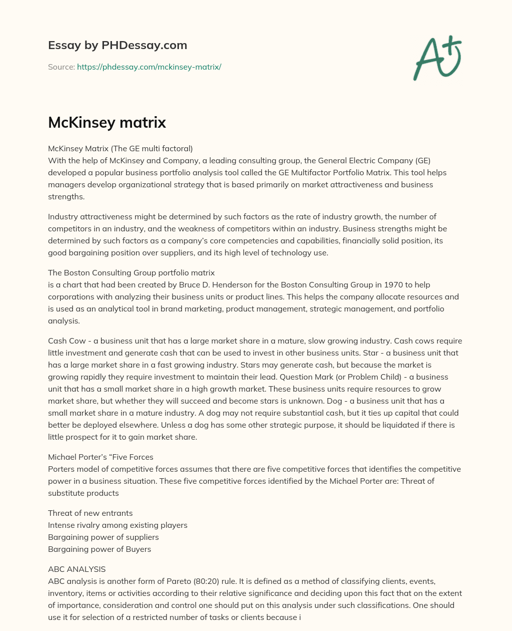 McKinsey matrix (500 Words) - PHDessay.com