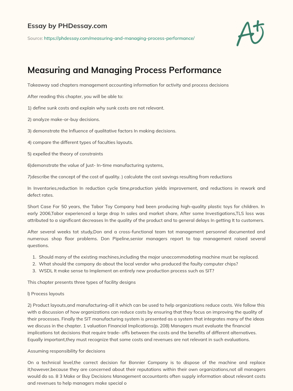 Measuring and Managing Process Performance (500 Words) - PHDessay.com