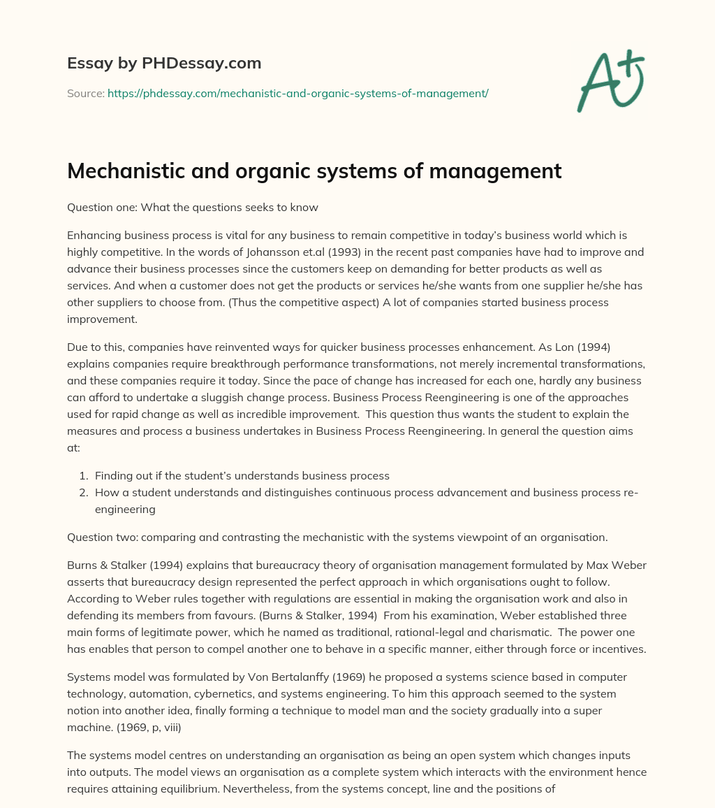 Mechanistic and organic systems of management - PHDessay.com