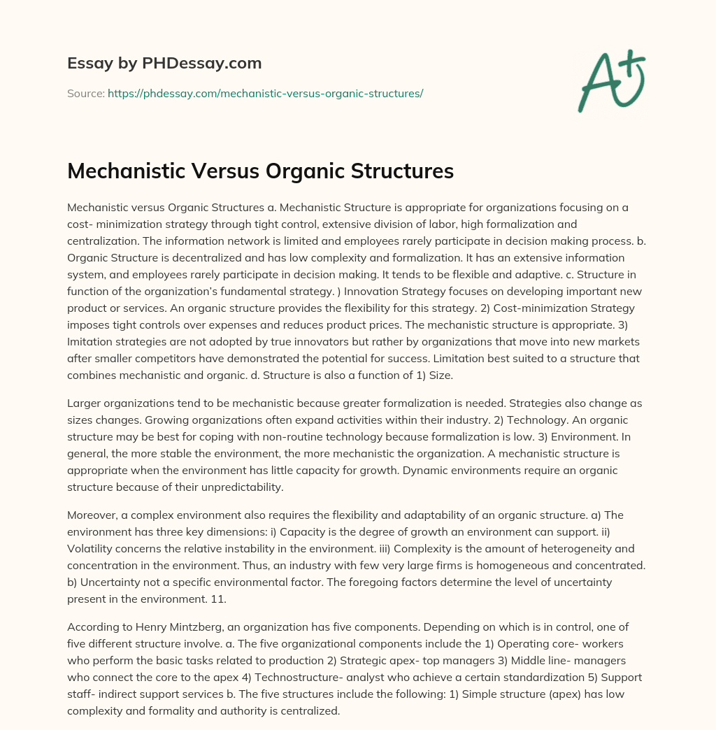 Mechanistic Versus Organic Structures - PHDessay.com