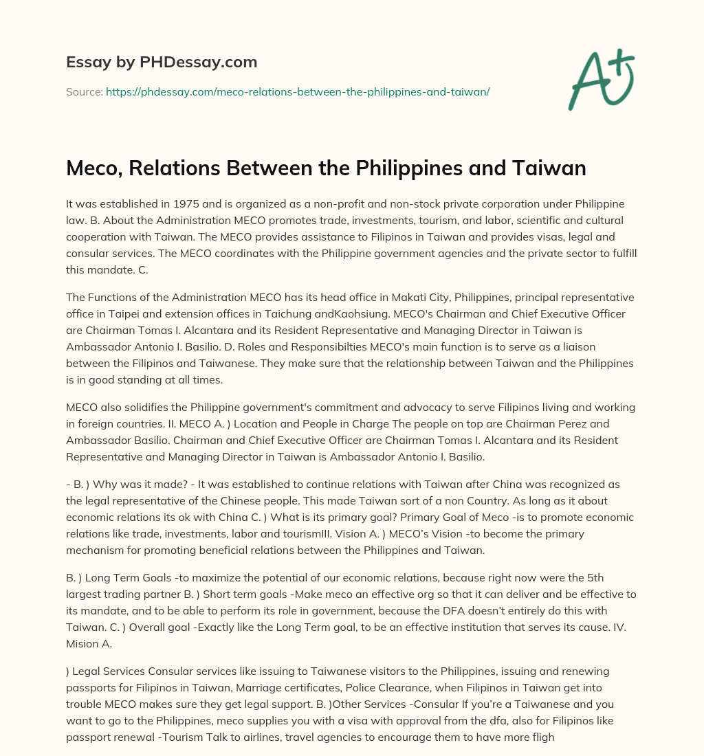 Meco, Relations Between the Philippines and Taiwan (600 Words ...