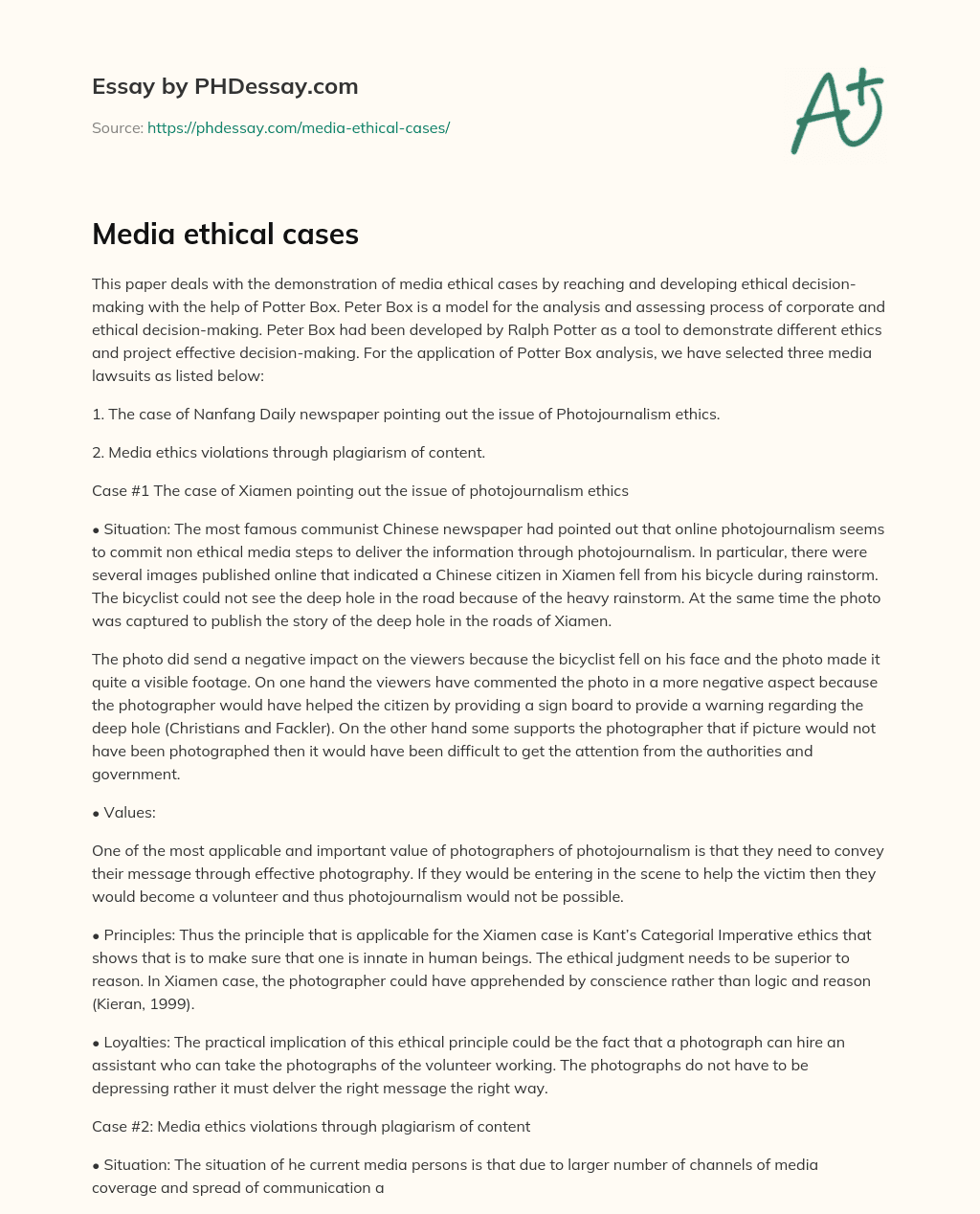Media ethical cases - PHDessay.com