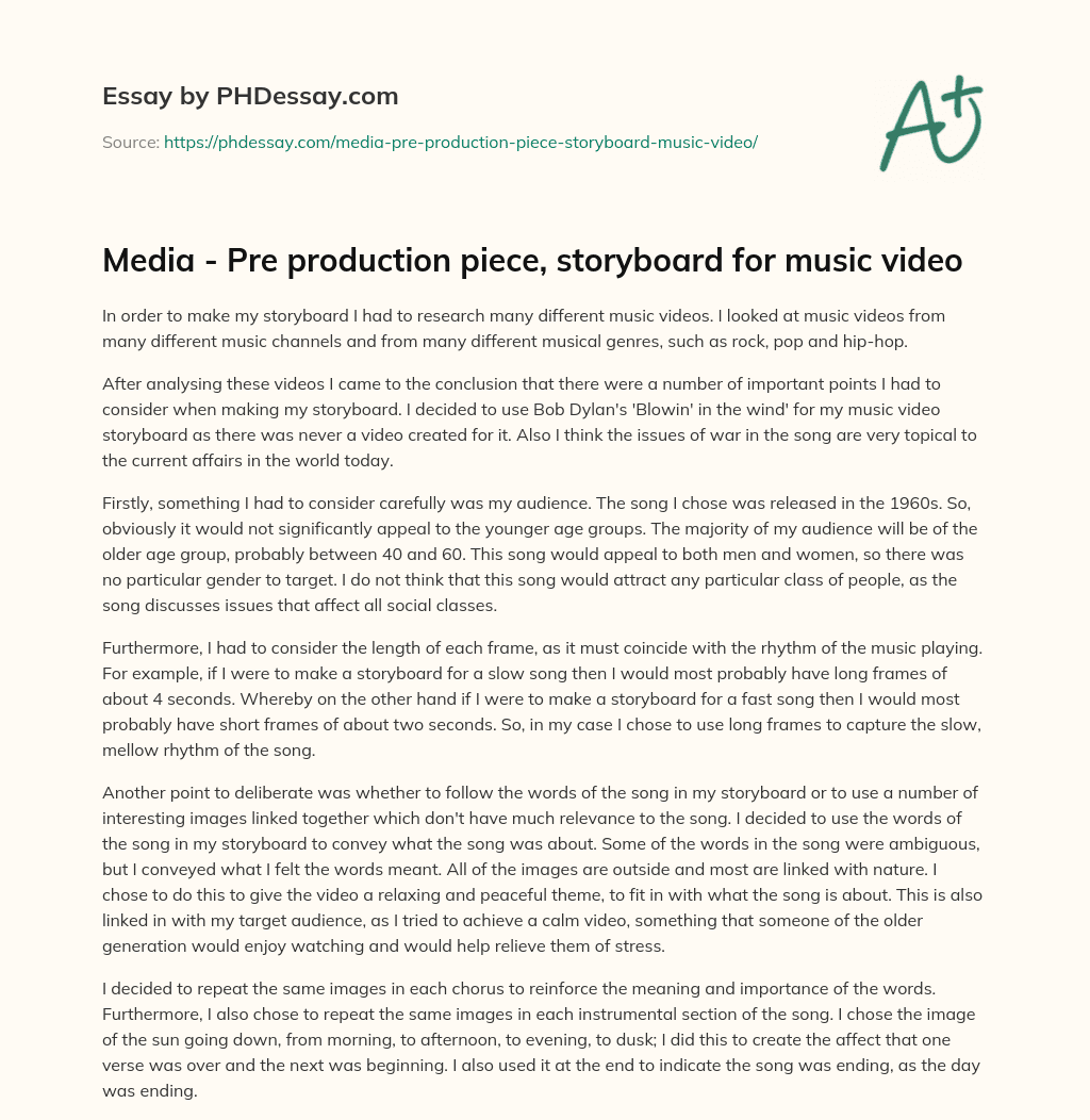 Media - Pre production piece, storyboard for music video (500 Words ...