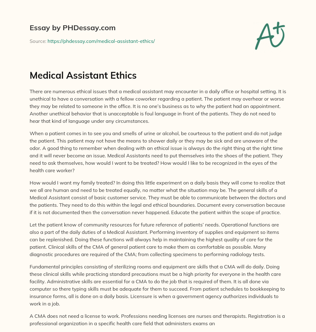 Medical Assistant Ethics - PHDessay.com