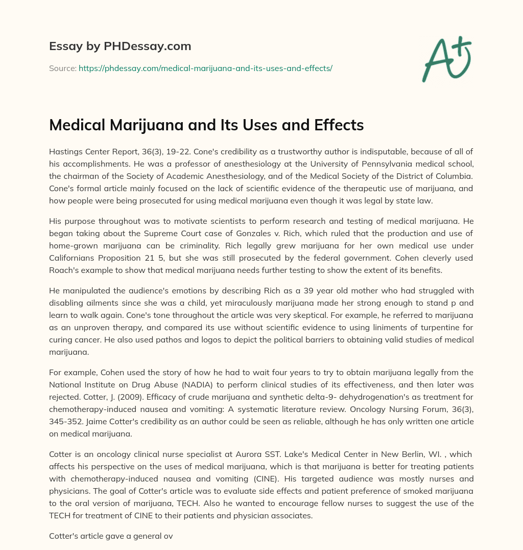 Medical Marijuana and Its Uses and Effects - PHDessay.com