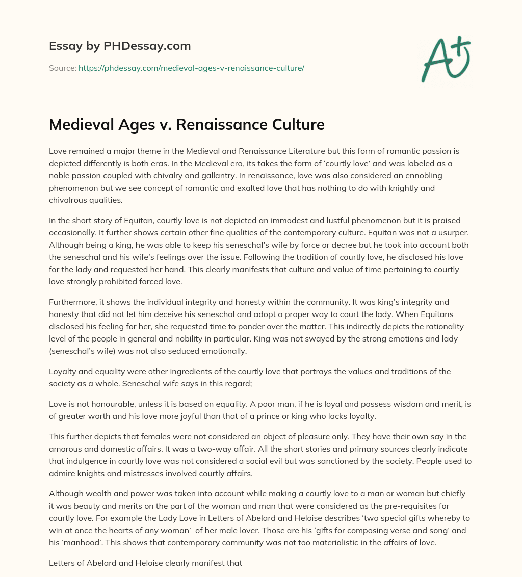 Medieval Ages v. Renaissance Culture - PHDessay.com
