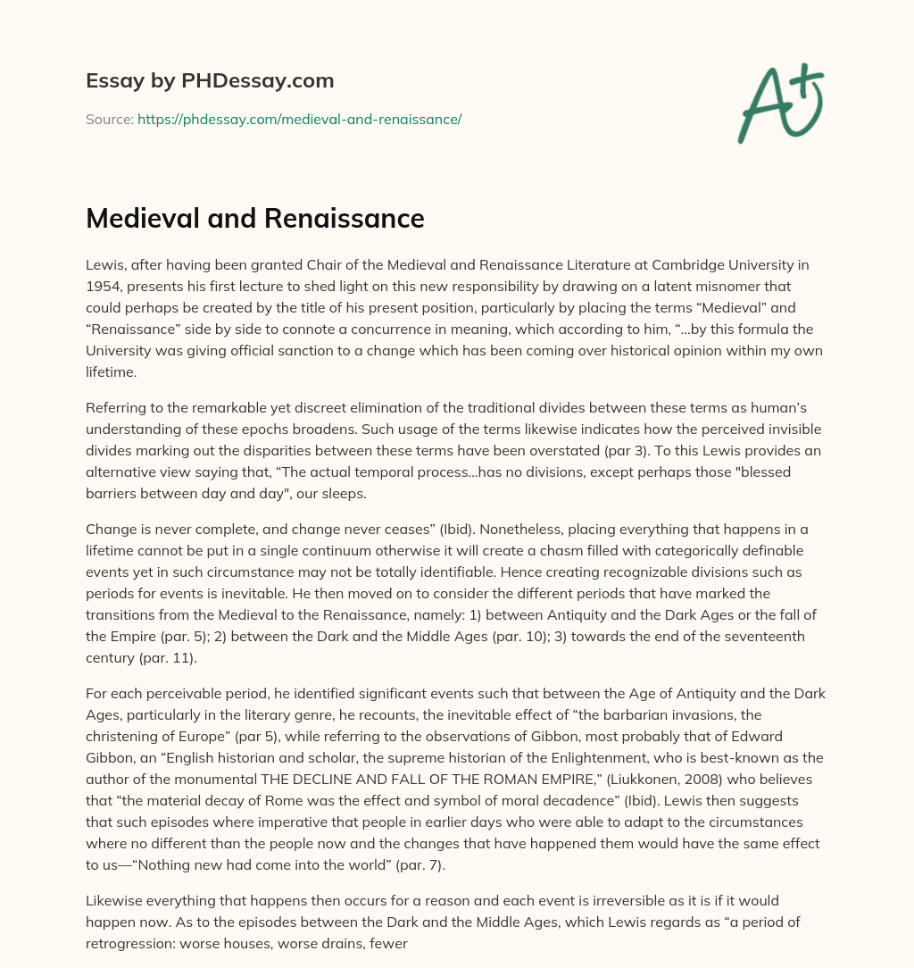 Medieval and Renaissance - PHDessay.com