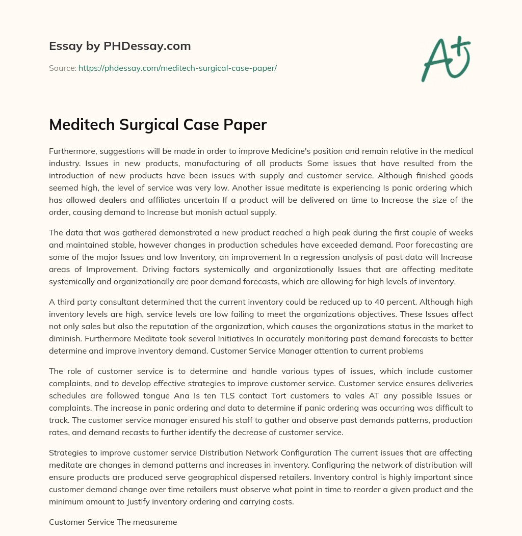 Meditech Surgical Case Paper (600 Words) - PHDessay.com