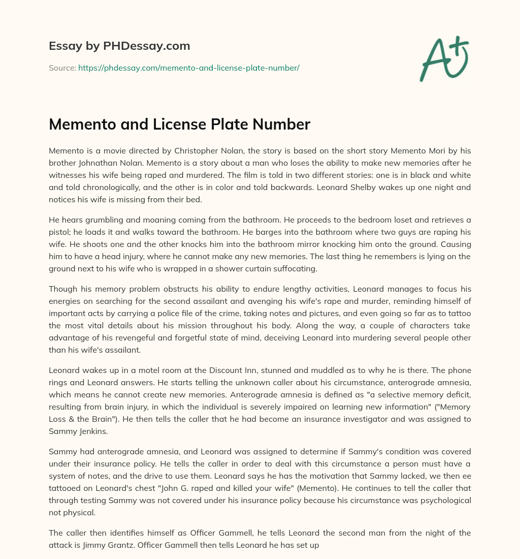 Memento and License Plate Number - PHDessay.com