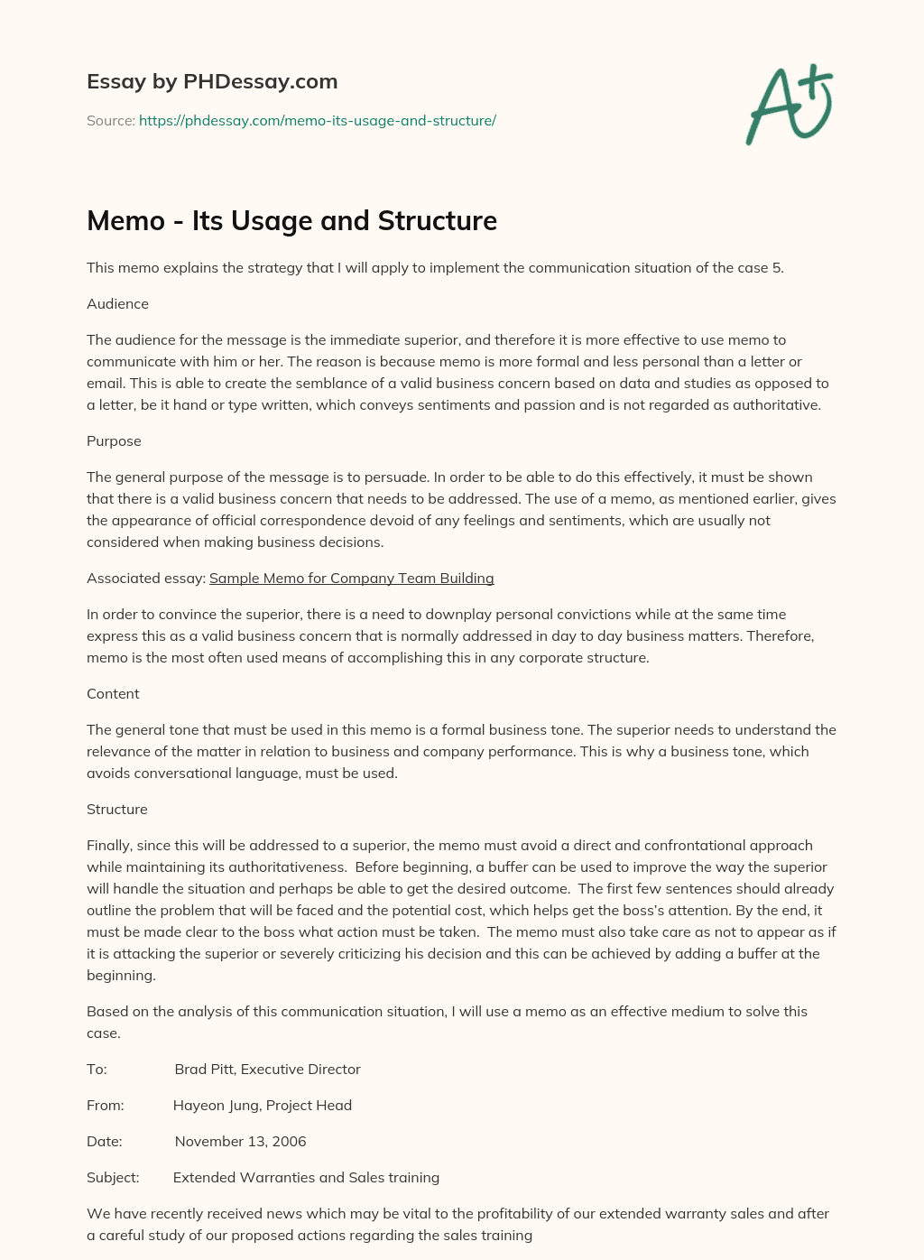 Memo - Its Usage and Structure - PHDessay.com