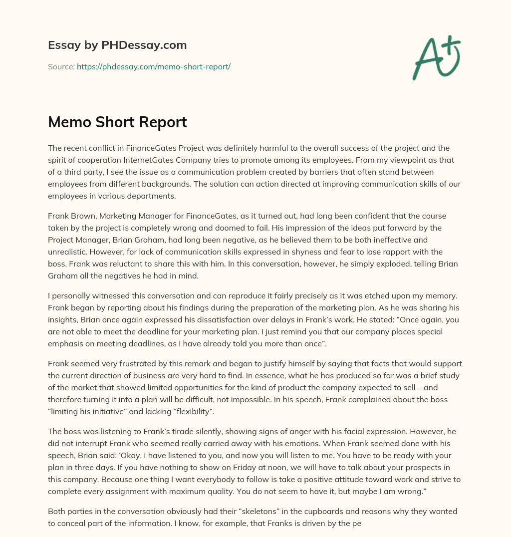Memo Short Report - PHDessay.com