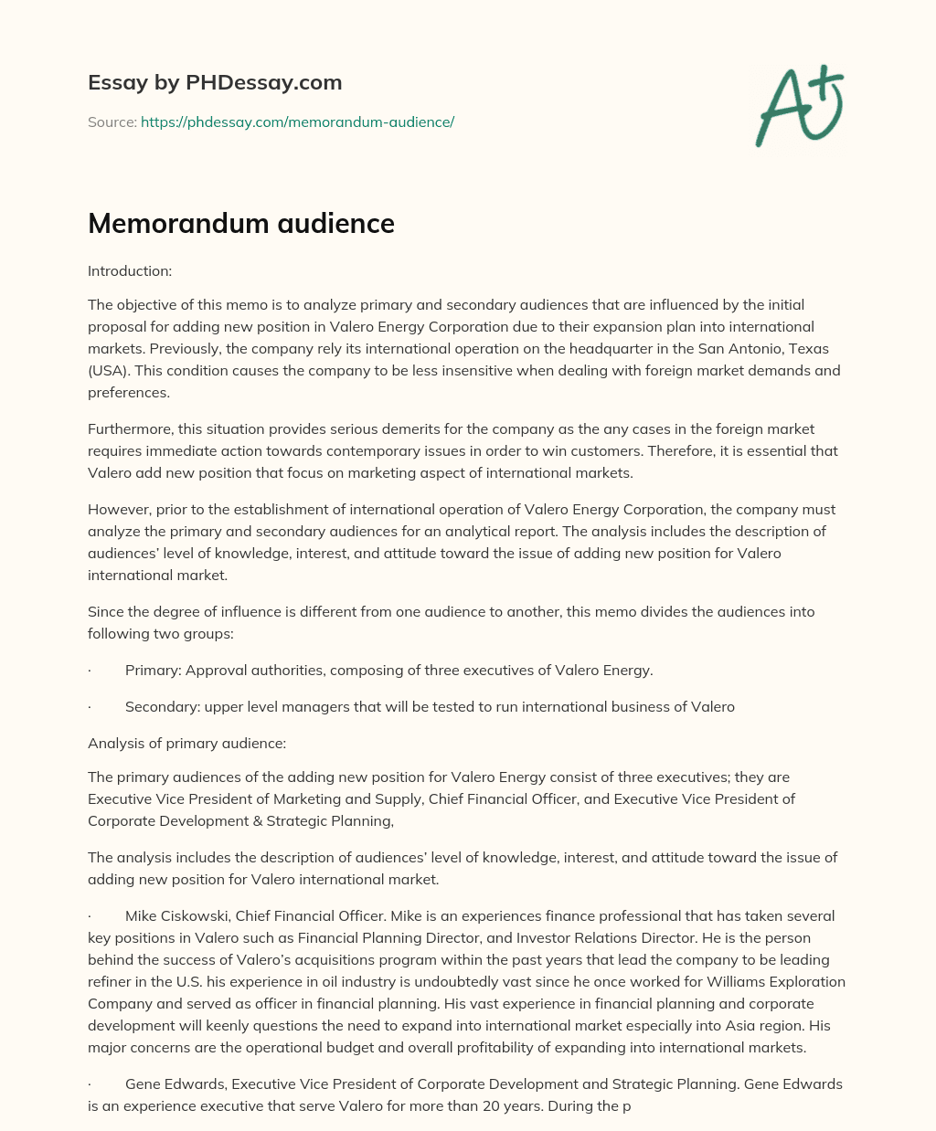Memorandum audience - PHDessay.com