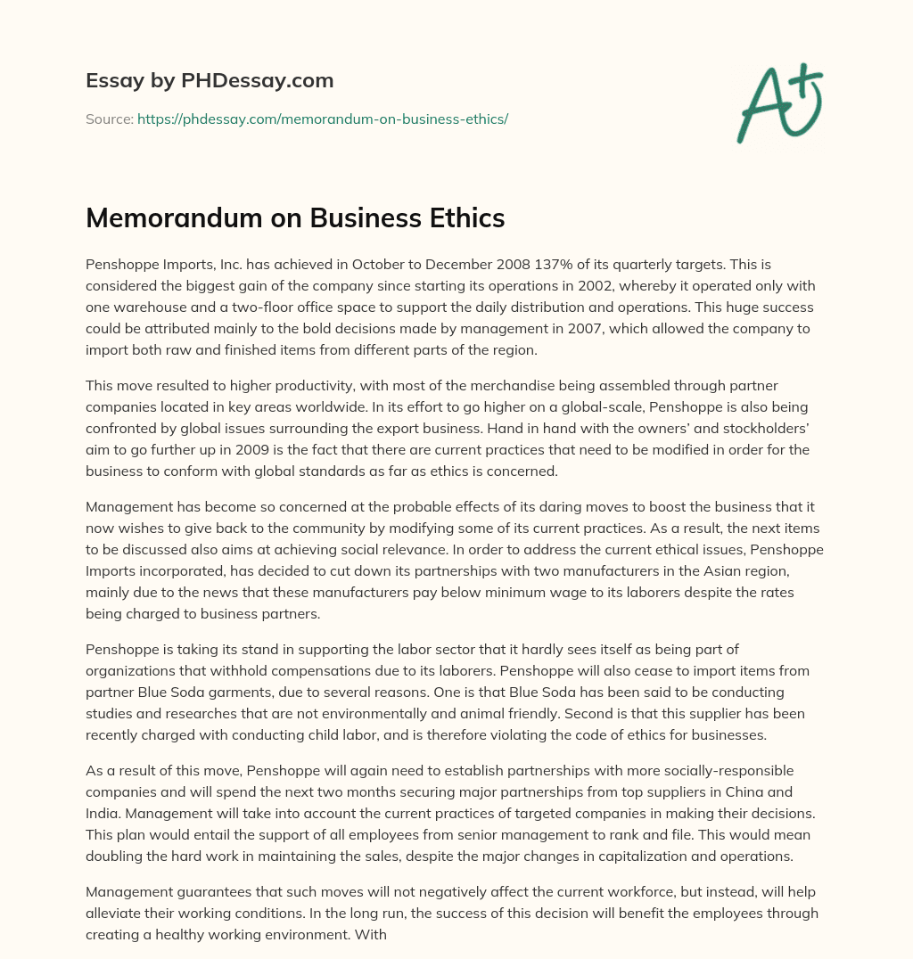 Memorandum on Business Ethics (600 Words) - PHDessay.com