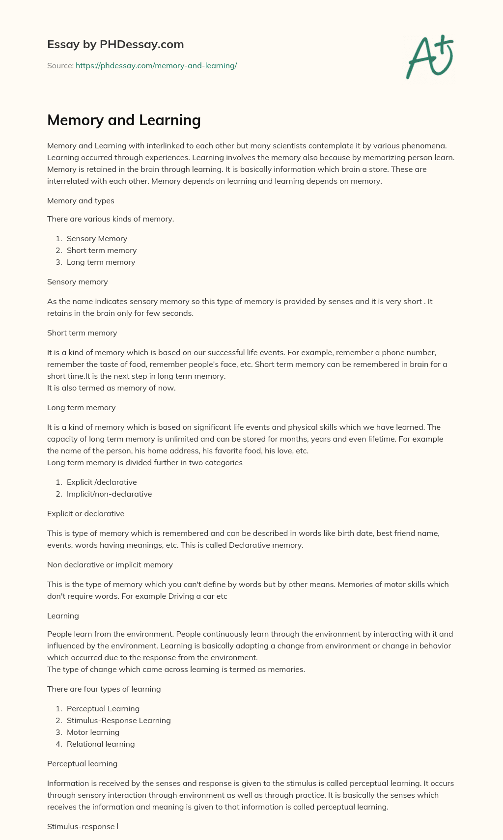 Memory and Learning - PHDessay.com