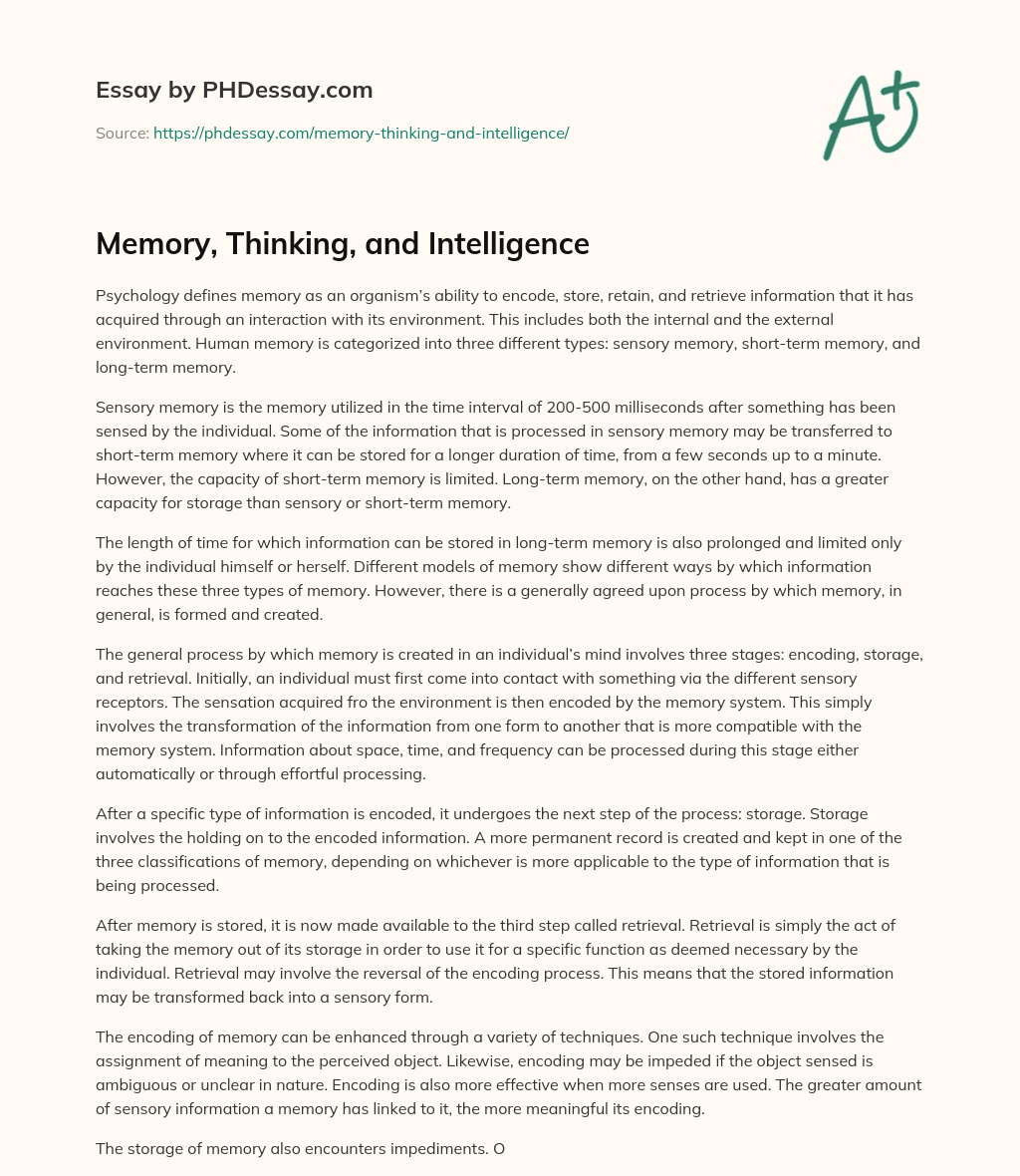 Memory, Thinking, and Intelligence - PHDessay.com
