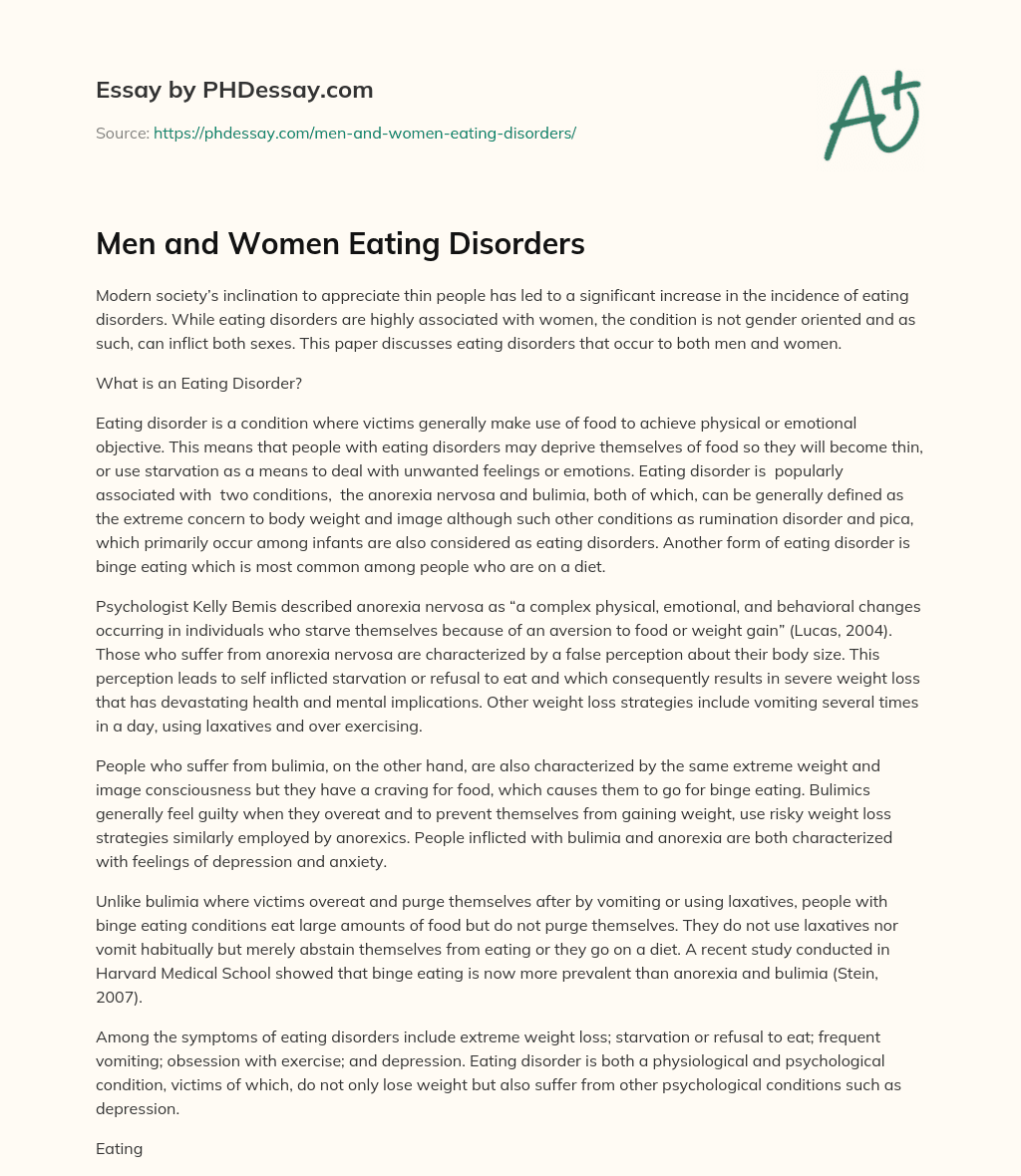 Men and Women Eating Disorders - PHDessay.com