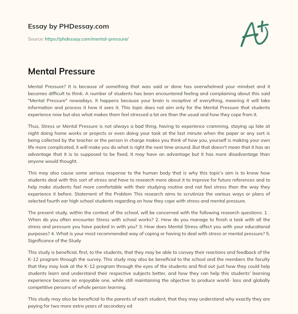 Mental Pressure - PHDessay.com