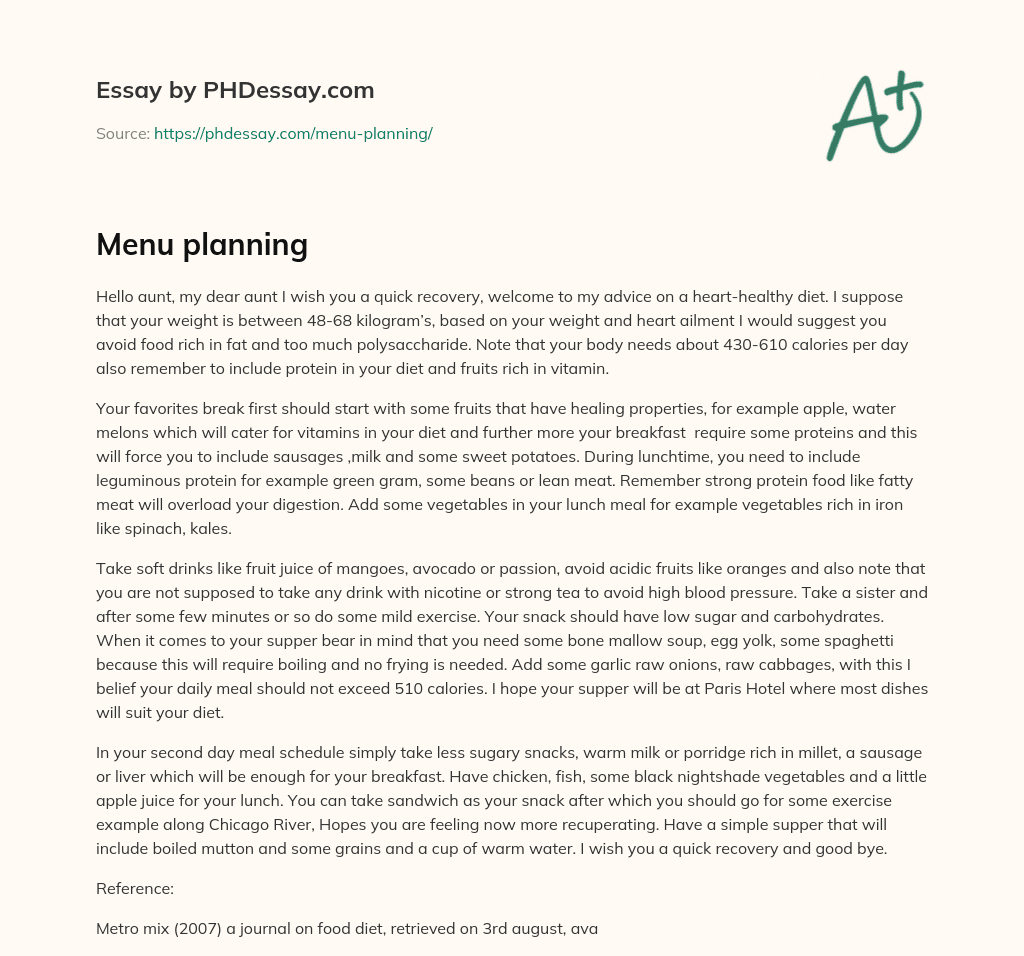 Menu planning (400 Words) - PHDessay.com