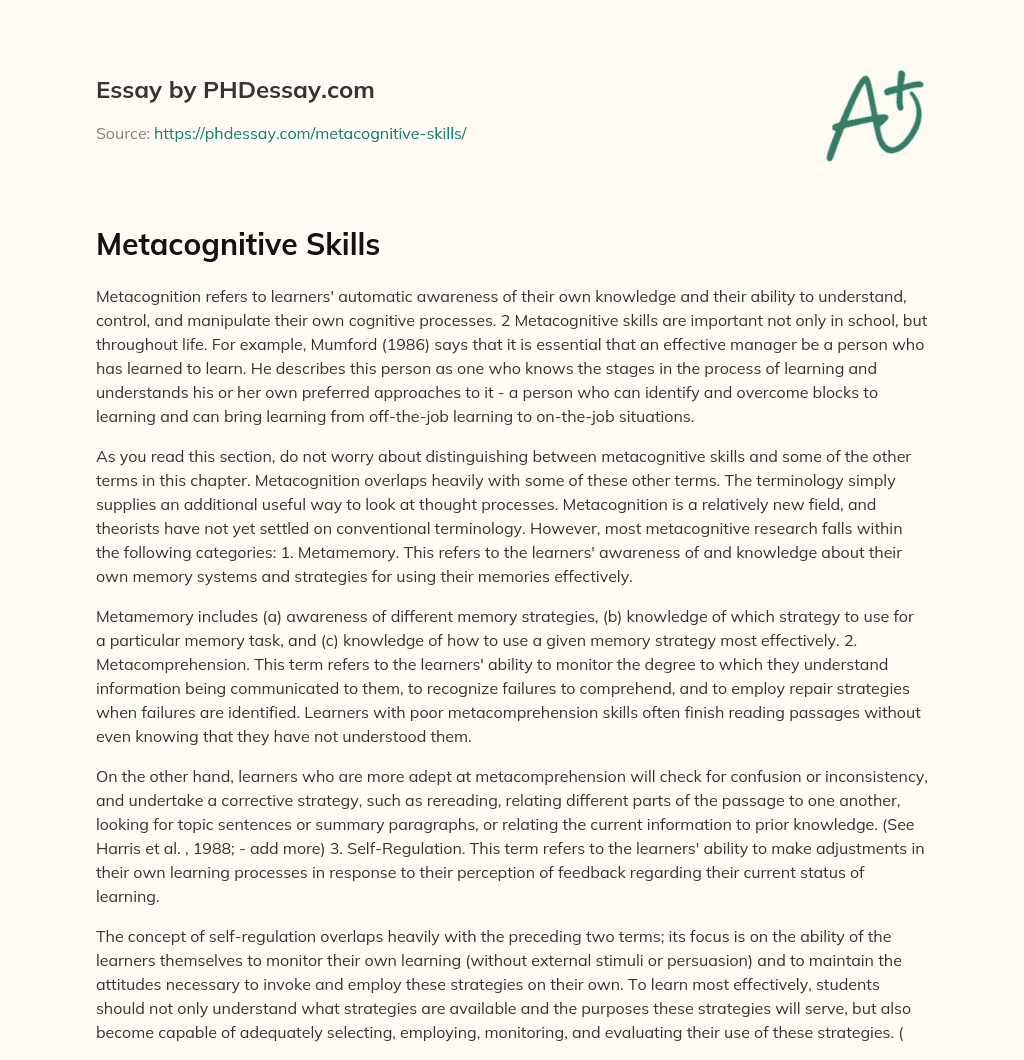 Metacognitive Skills - PHDessay.com