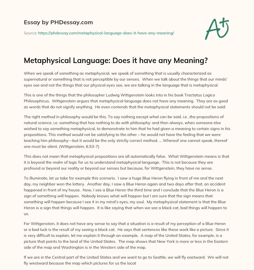 Metaphysical Language: Does it have any Meaning? - PHDessay.com
